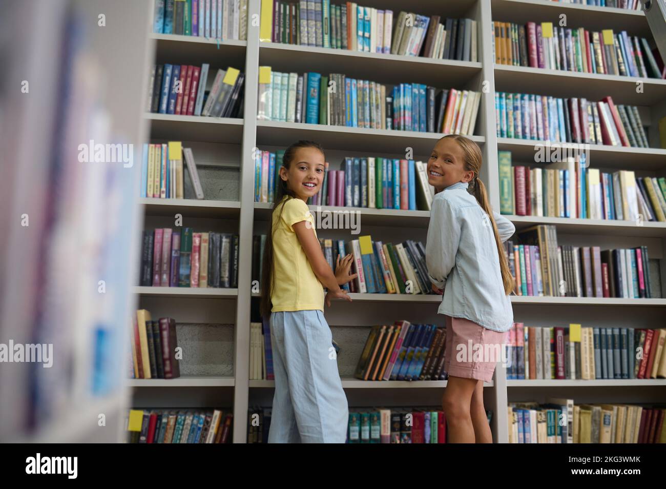 Girls standing near the high book shelves in the school library Stock ...