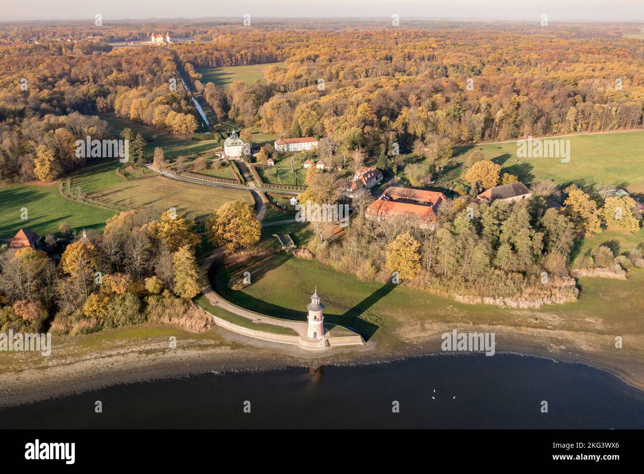Aerial view over lighthouse and castle Fasanenschloss, view to castle ...