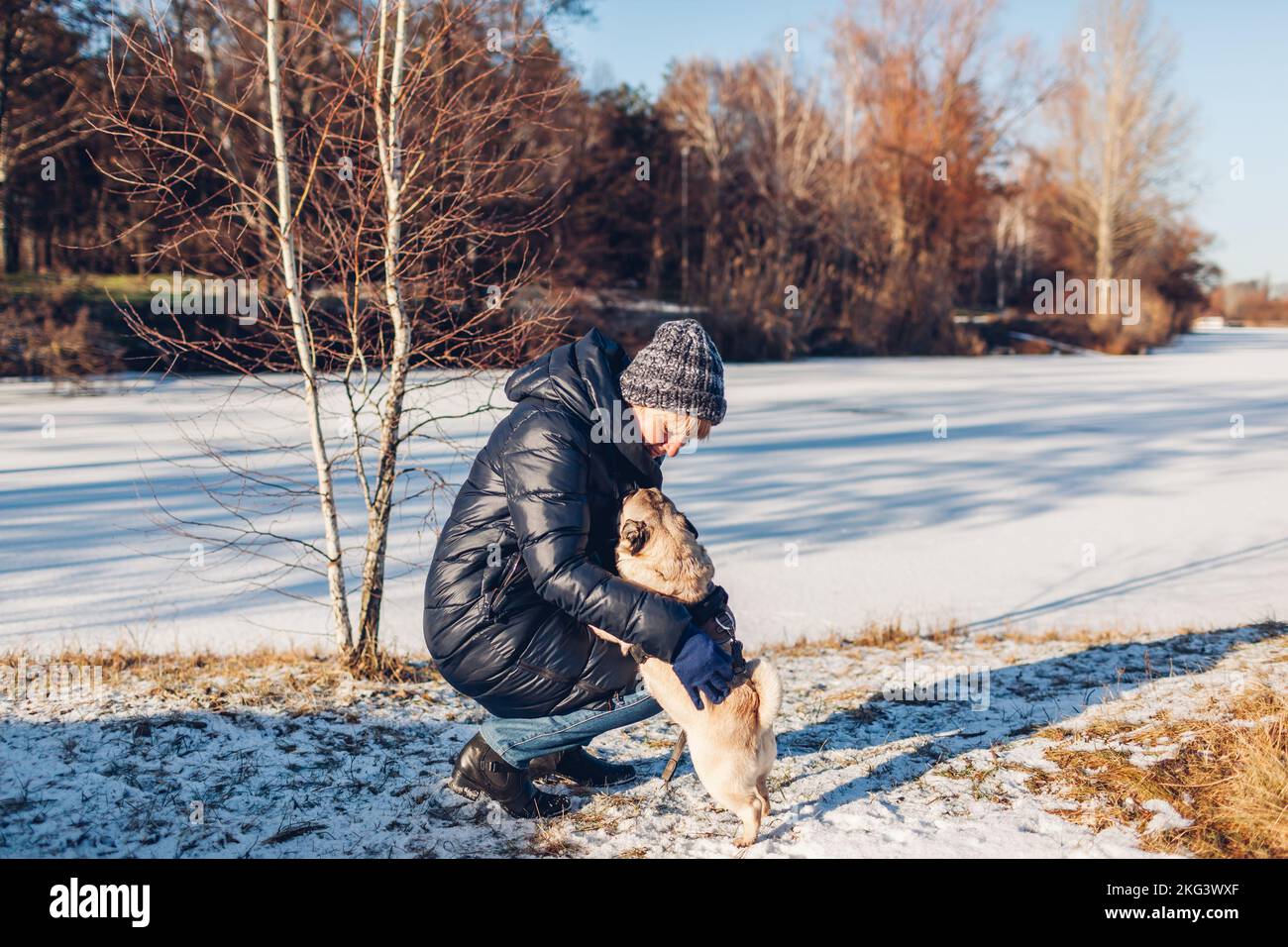 Woman walking pug dog in snowy winter park by frozen lake hugging pet ...