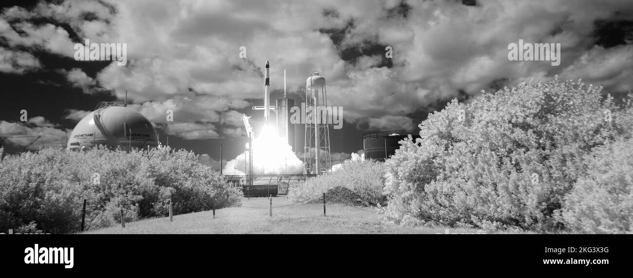 NASA’s SpaceX Crew-5 Launch. In this black and white infrared image, a ...
