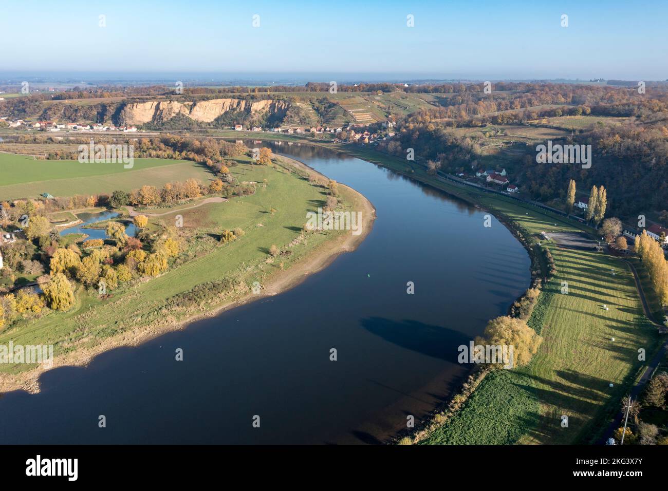 Aerial view over river Elbe between Diehra-Zehren and Diesbar-Seusslitz ...