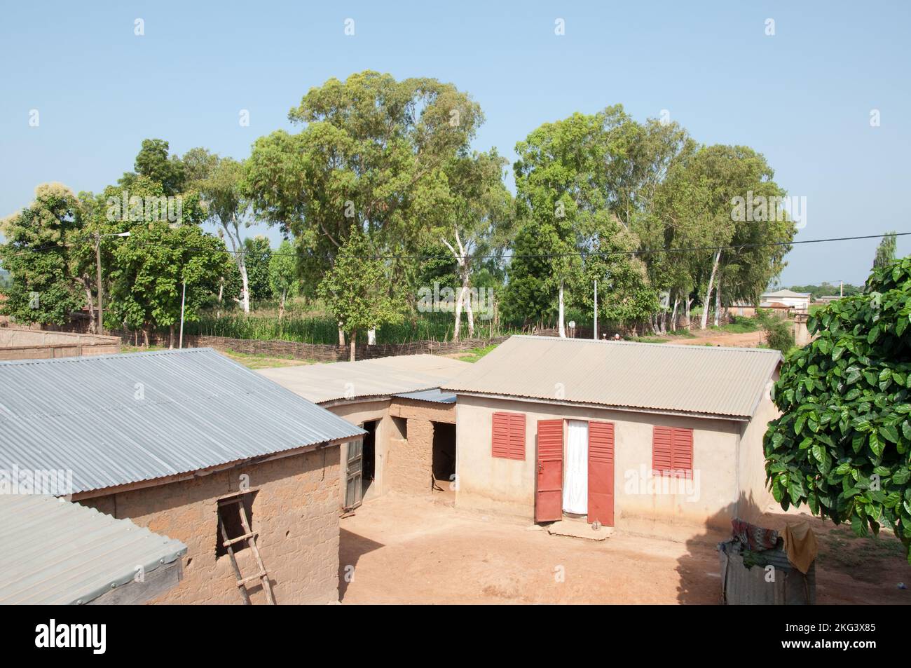 Rural scene with courtyard and roof-tops, Tangueta, Atacora, Benin ...