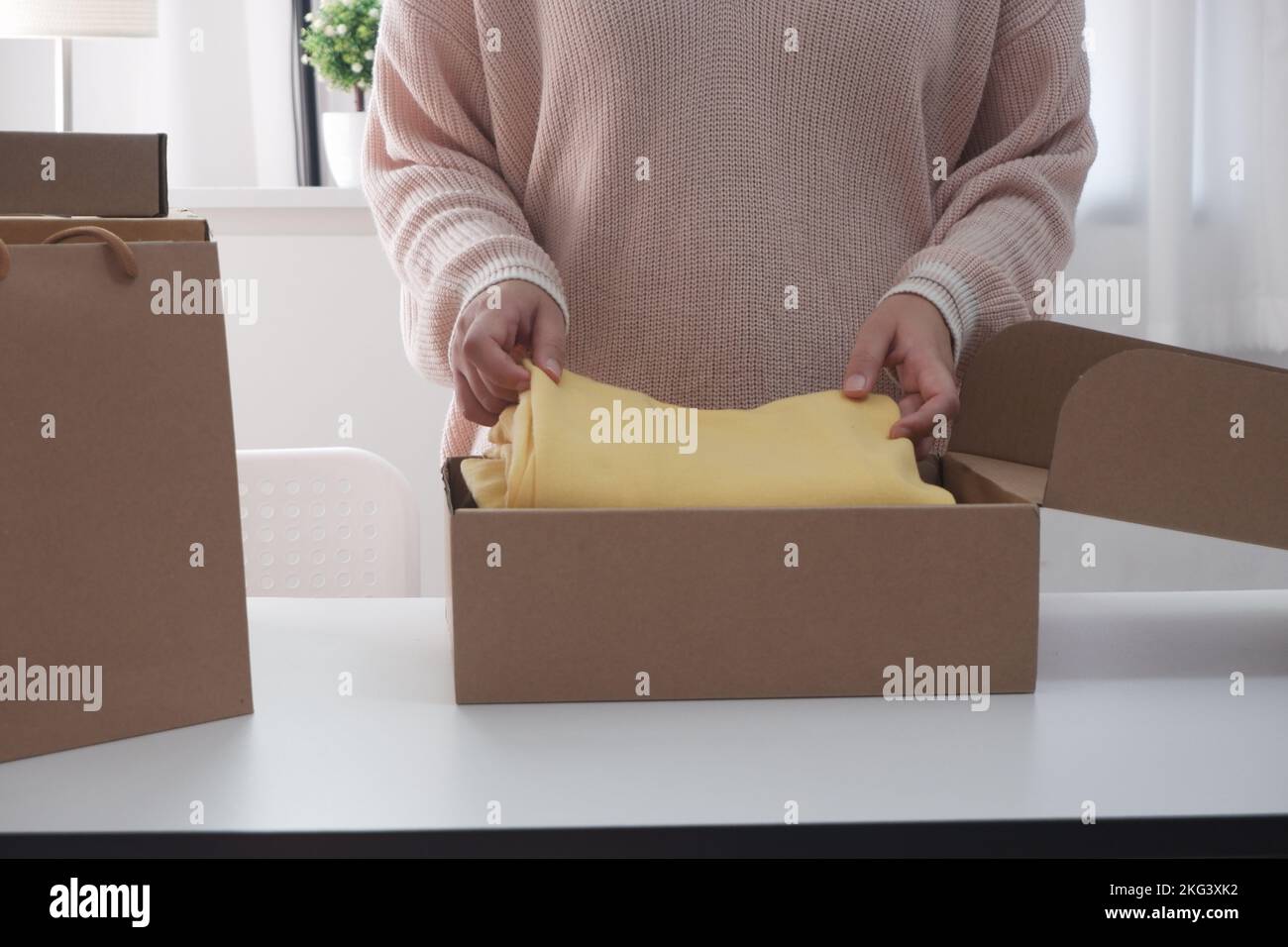 Women packing Cardboard Parcel Box for Online Selling. Woman Seller ...