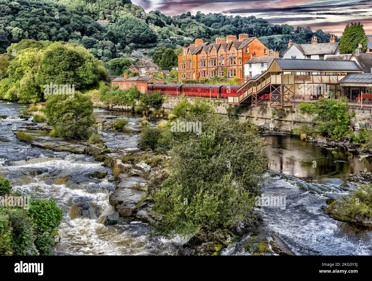 Landscape view of the River Dee with Llangollen in the background ...