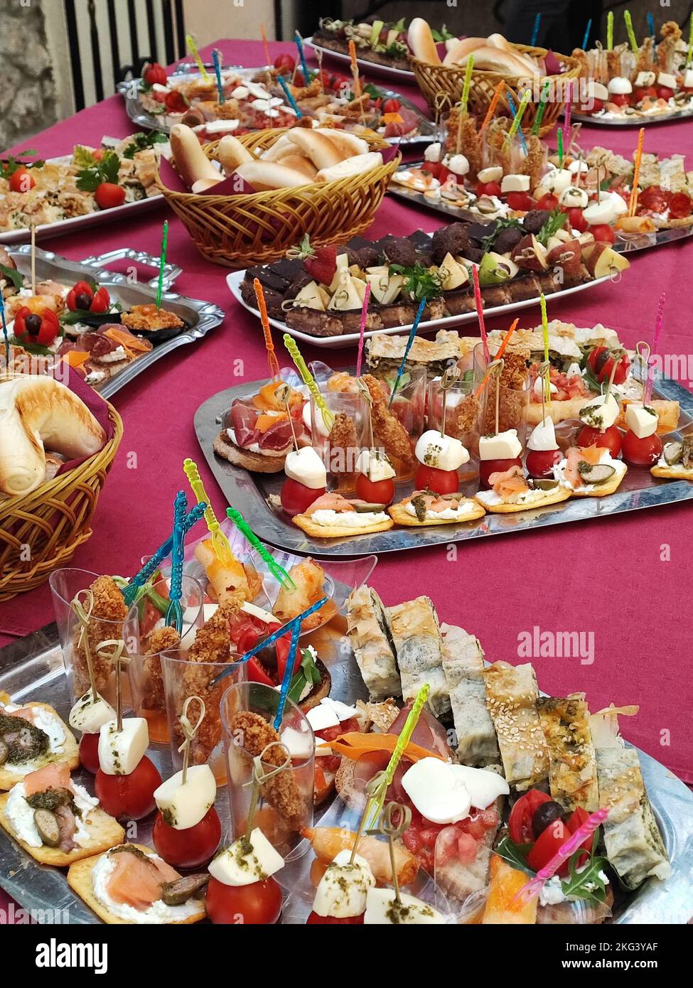 A vertical closeup of appetizers catering, a corporate furshet buffet ...