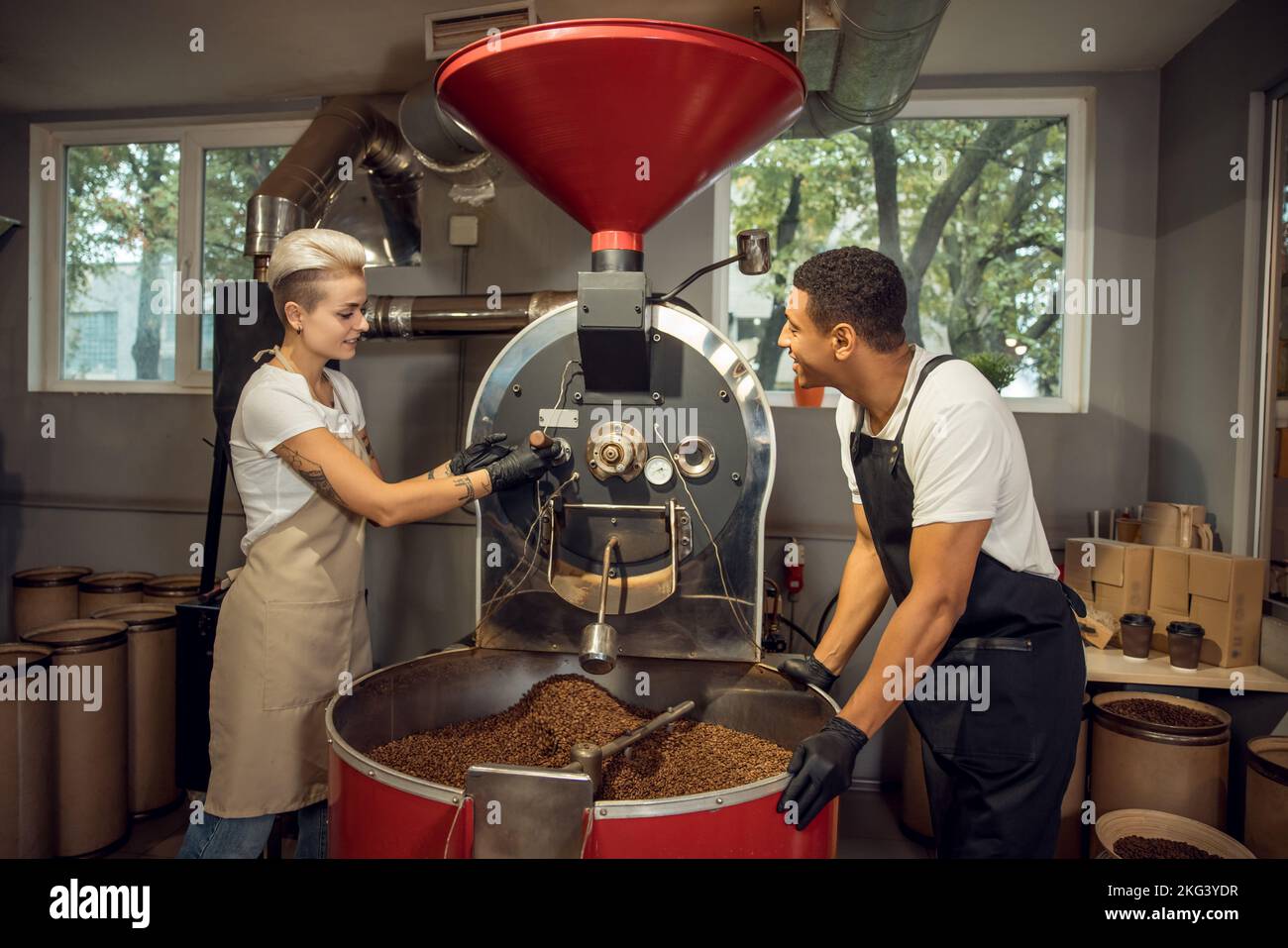 Two professionals working together at a coffee roastery Stock Photo - Alamy