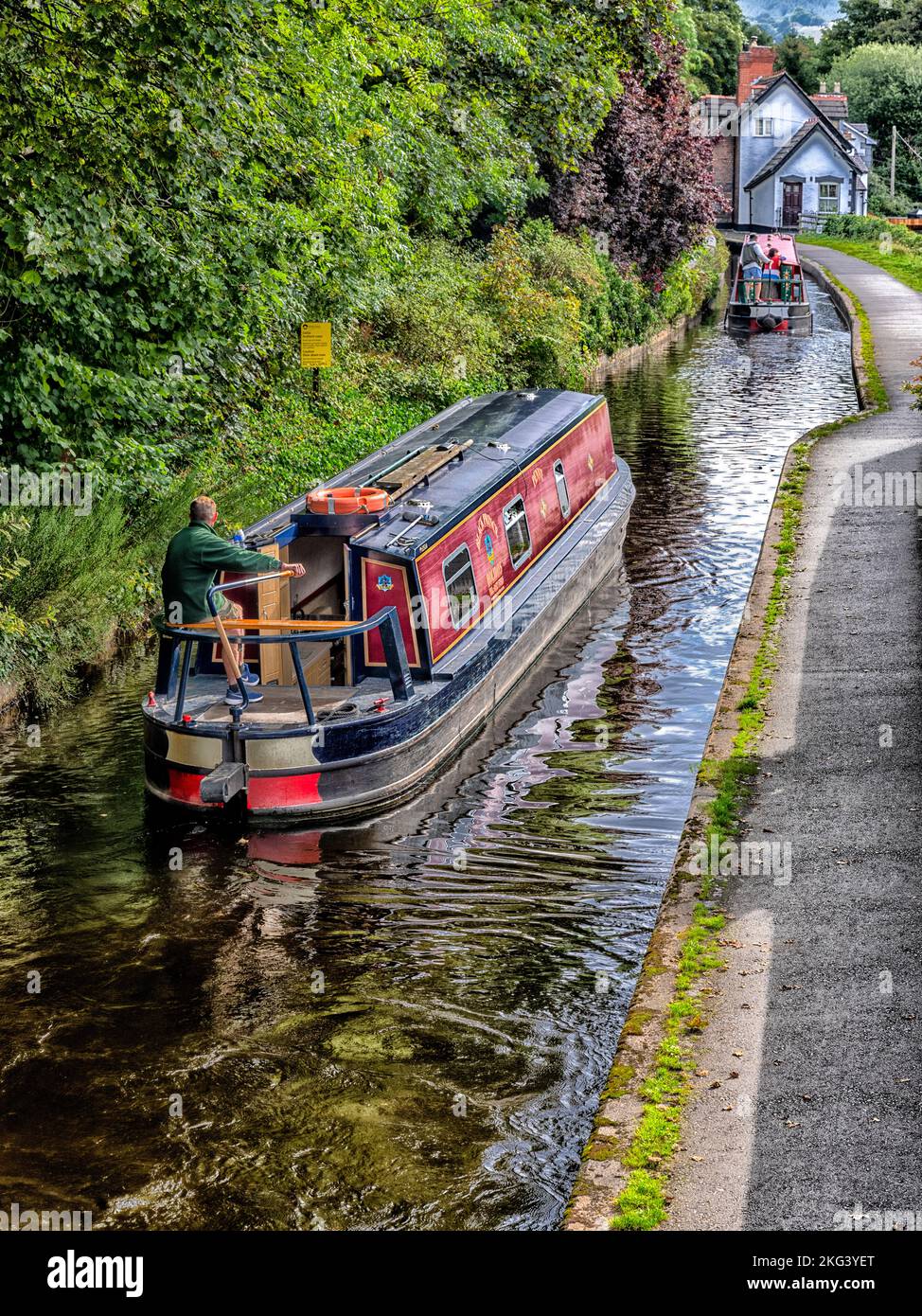 Landscape view of Llangollen Canal as it approaches Llangollen Wharf ...
