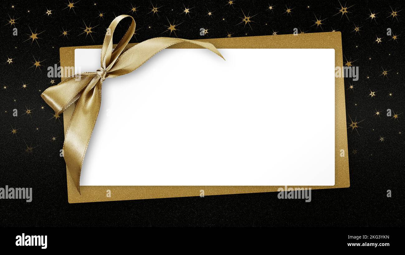 Christmas Blank gift greeting card ticket with shiny golden ribbon bow ...