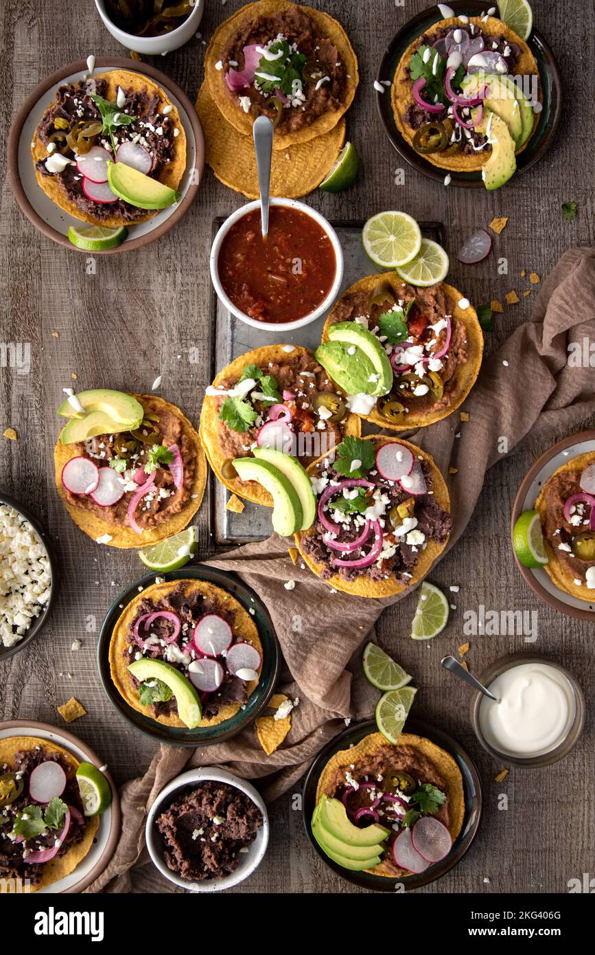 Make your own tostada and salsa party overhead shot Stock Photo - Alamy