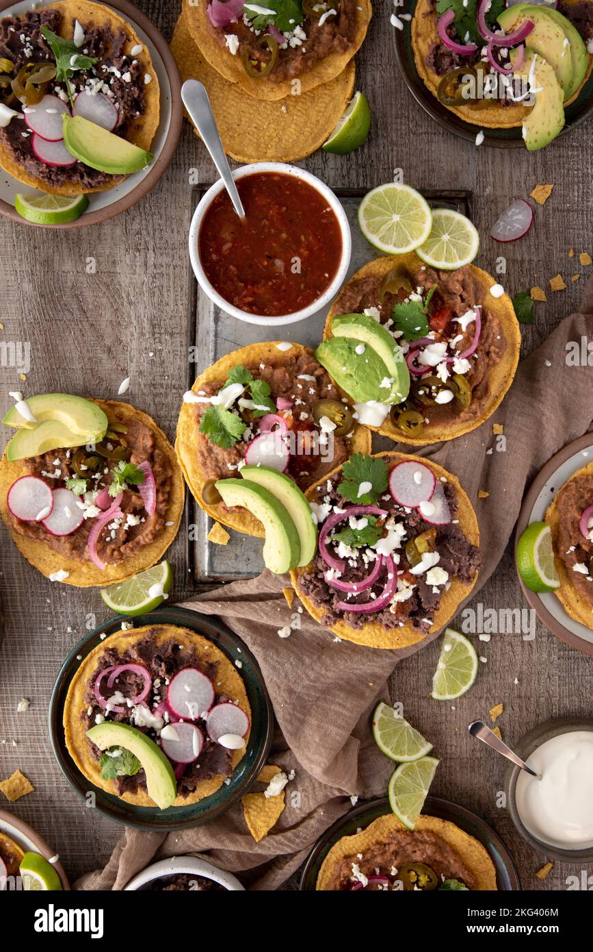 Flat lay of salsa and tostadas for dinner Stock Photo - Alamy