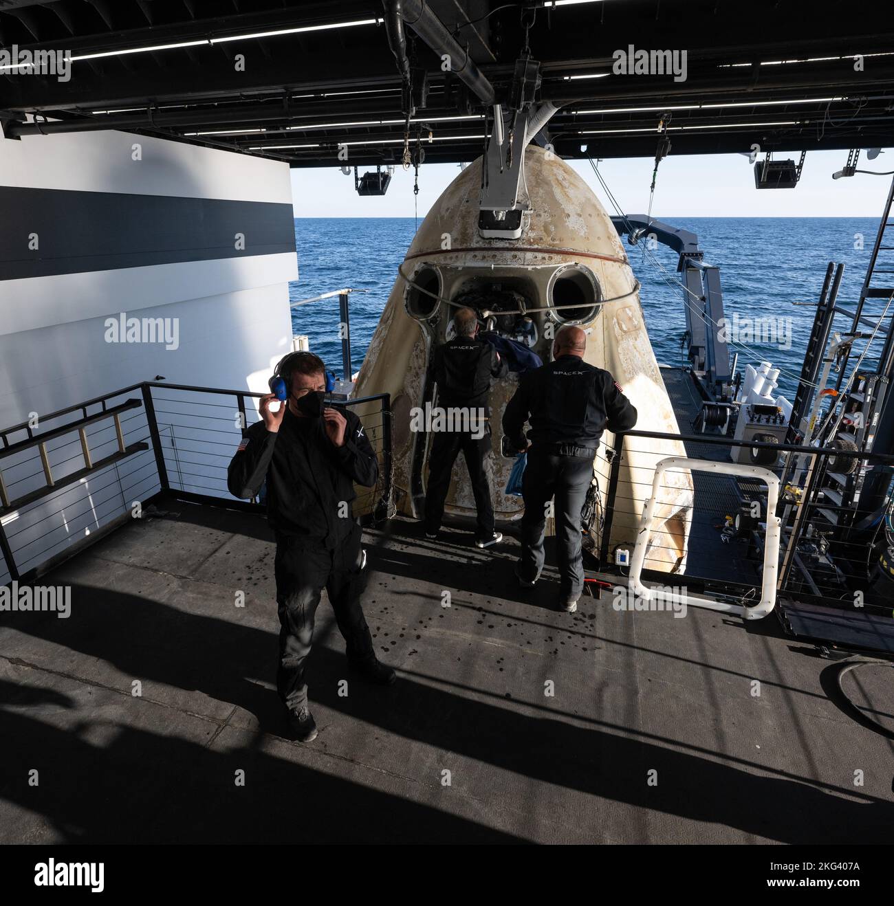NASA’s SpaceX Crew-4 Splashdown. Support teams onboard the recovery ship Megan work around the ...