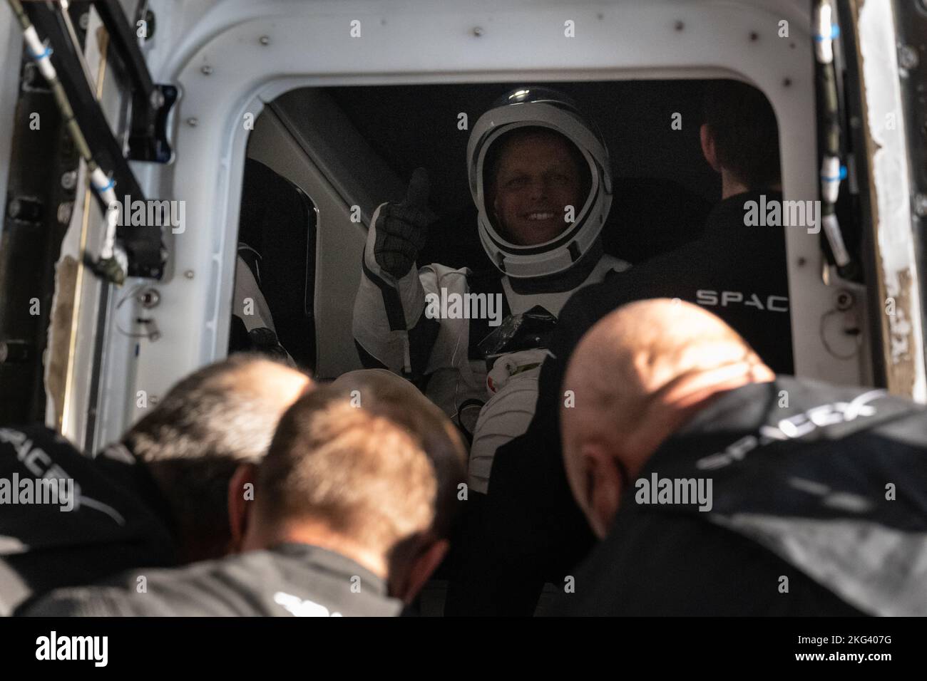 NASA’s SpaceX Crew-4 Splashdown. NASA astronaut Robert Hines is seen inside the SpaceX Crew ...