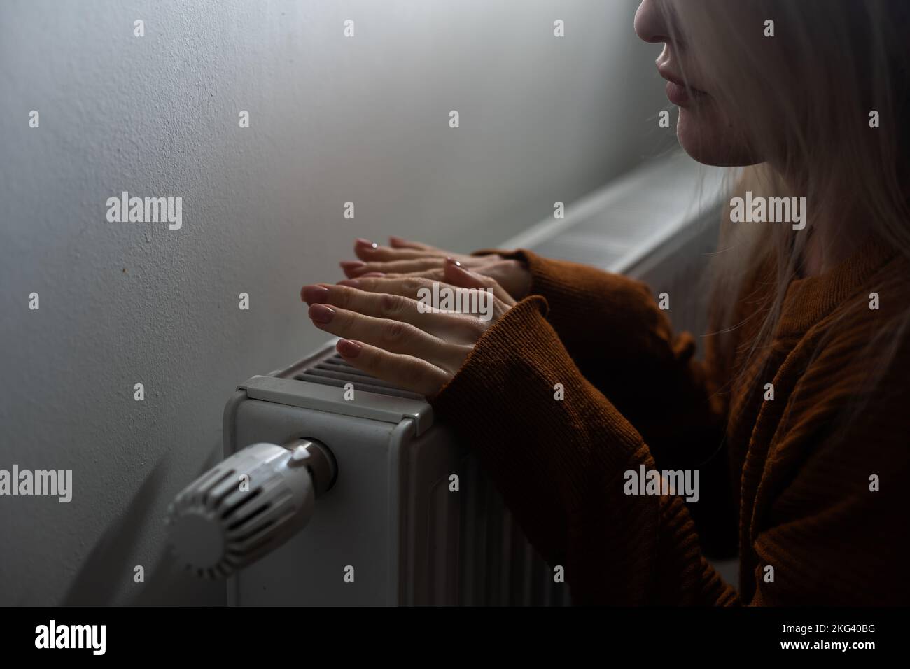 Heating season, woman warms her hands with heater Stock Photo - Alamy