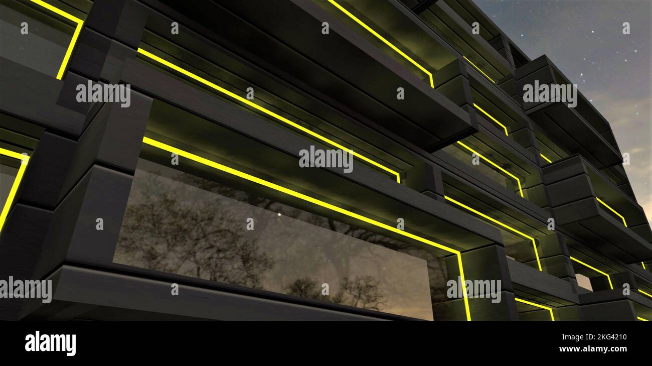 Bottom view of the contemporary apartment building facade illuminated ...