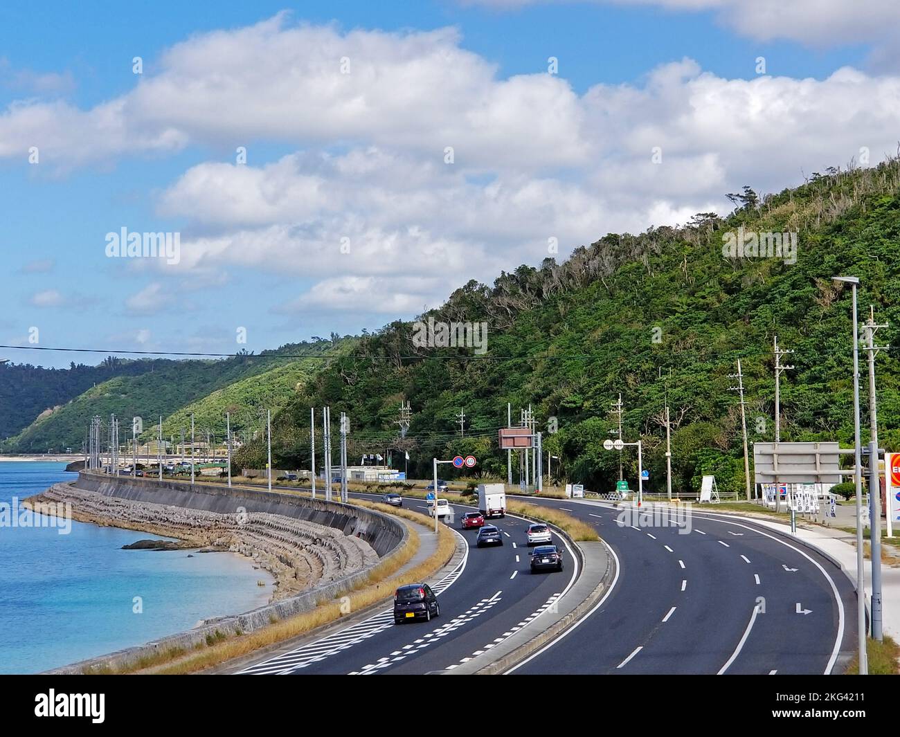 Scenic roadway view on the west coast of Northern Okinawa, Japan, along ...