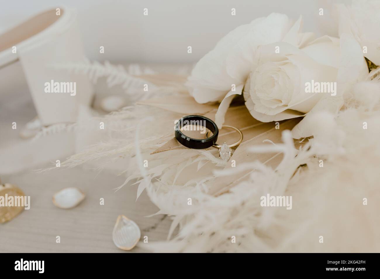 Boho Cream wedding Ring Flat Lay Stock Photo - Alamy