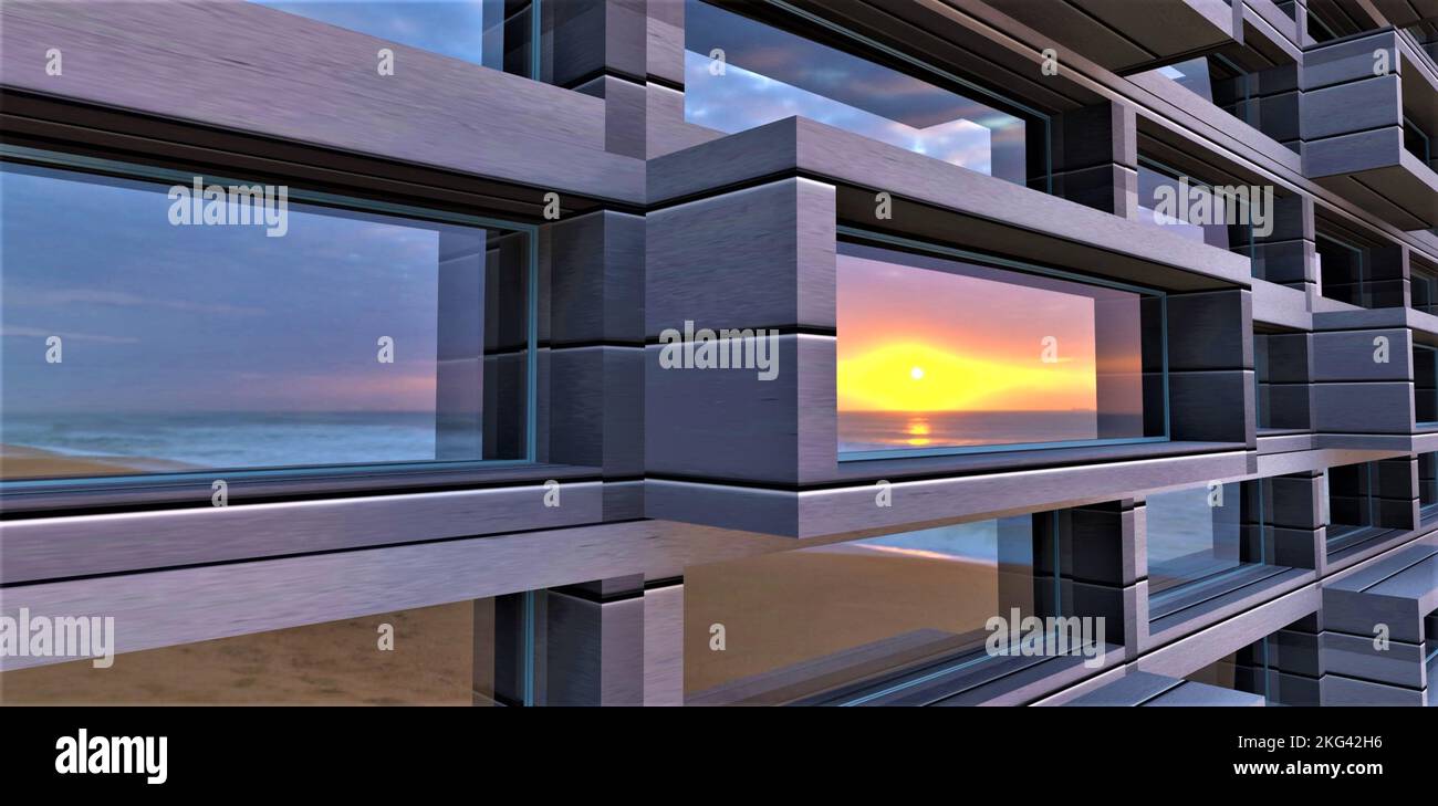 Amazing sunset reflected in window of the contemporary apartment ...