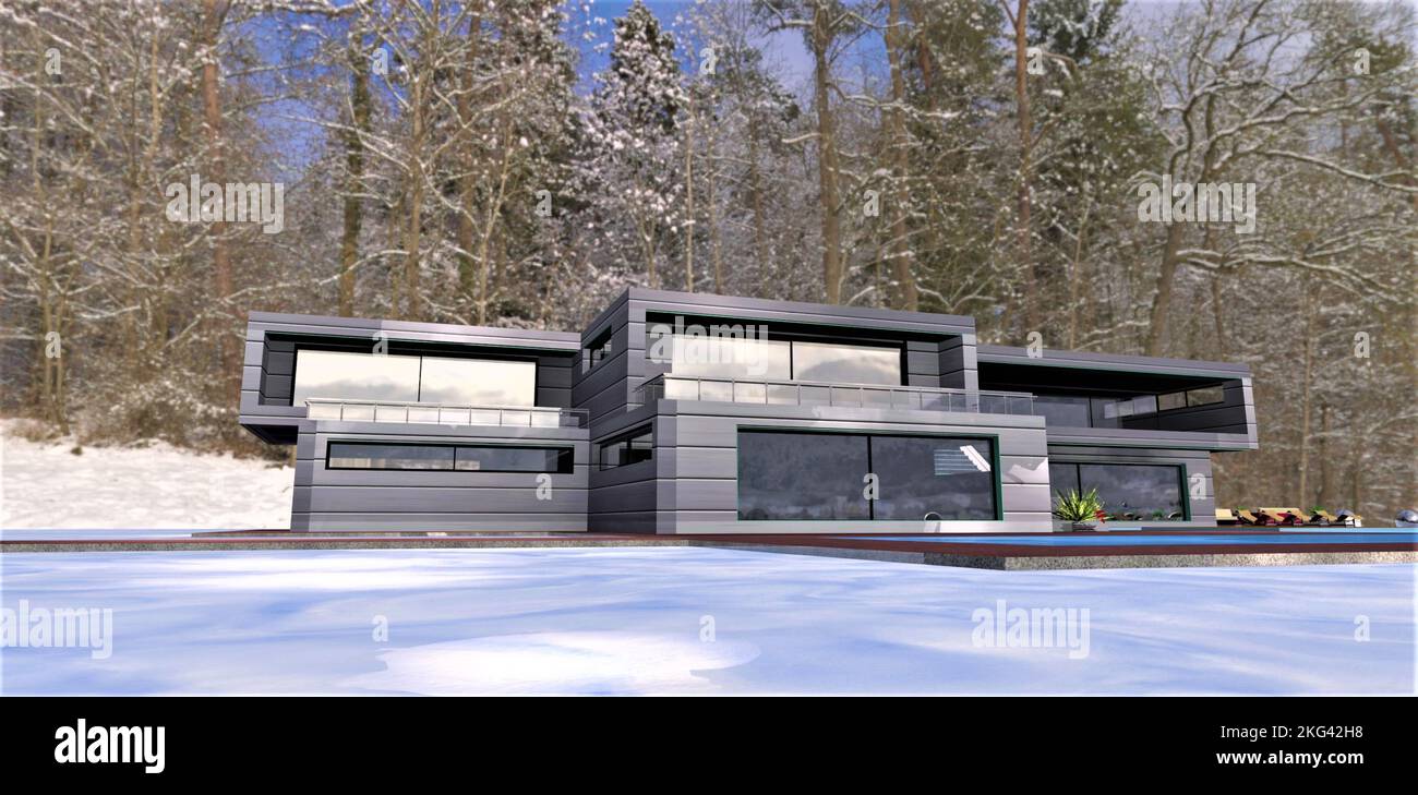The winter sun shines on a snow-covered forest glade and the facade of ...