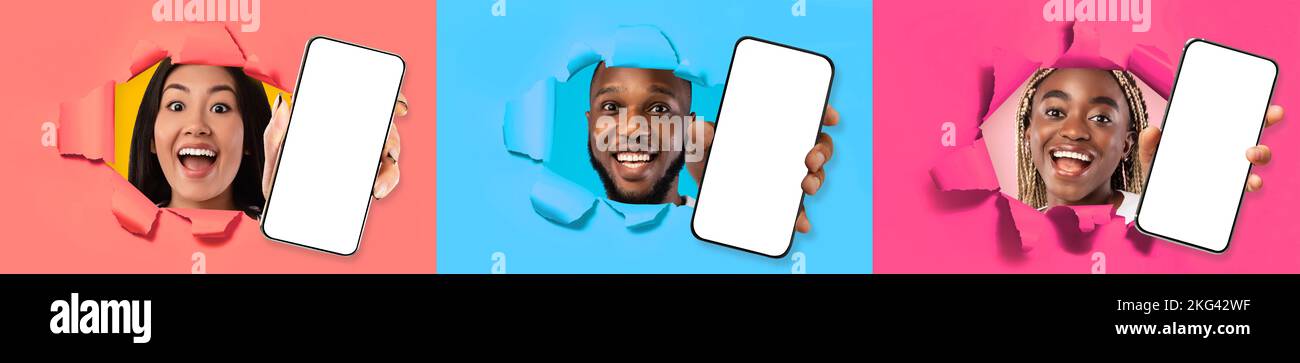 Three excited multicultural youngsters holding three big cell phones ...