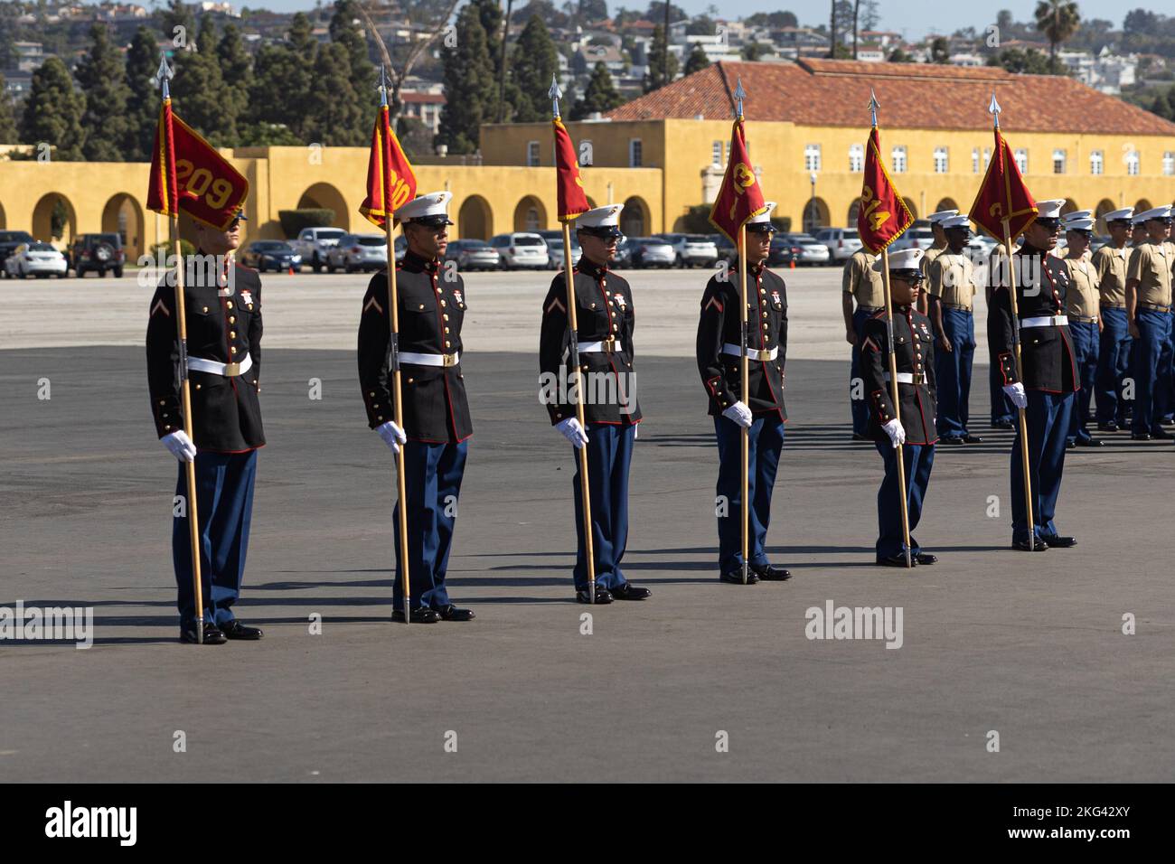 U.S. Marines with India Company, 3rd Recruit Training Battalion, stand ...