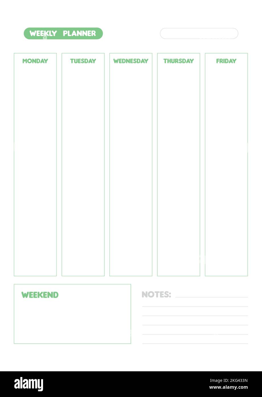 Weekly planner green color. Notes. Printable template. Vector ...