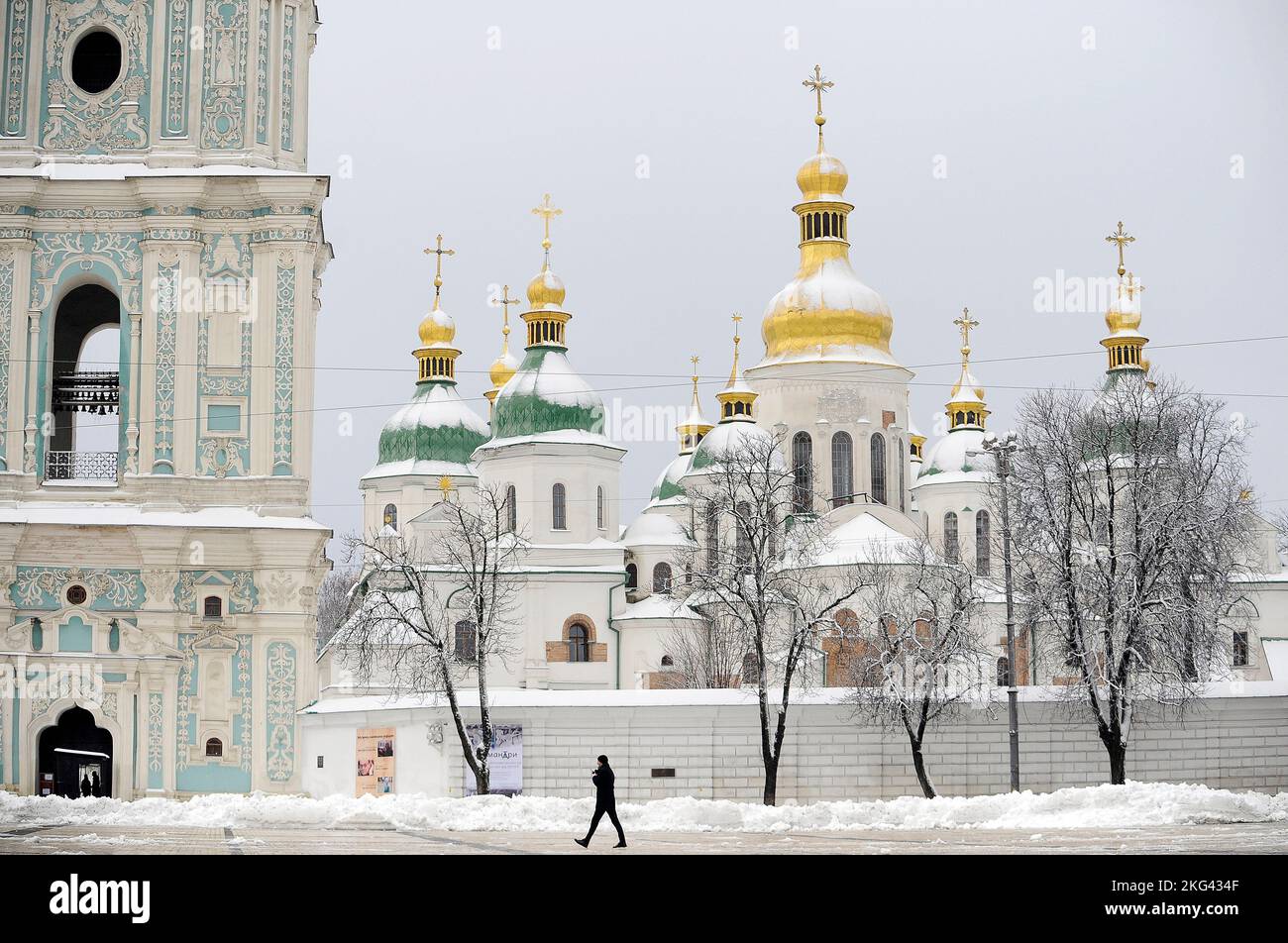 KYIV, UKRAINE - NOVEMBER 19, 2022 - Snow covers the bell tower and the ...