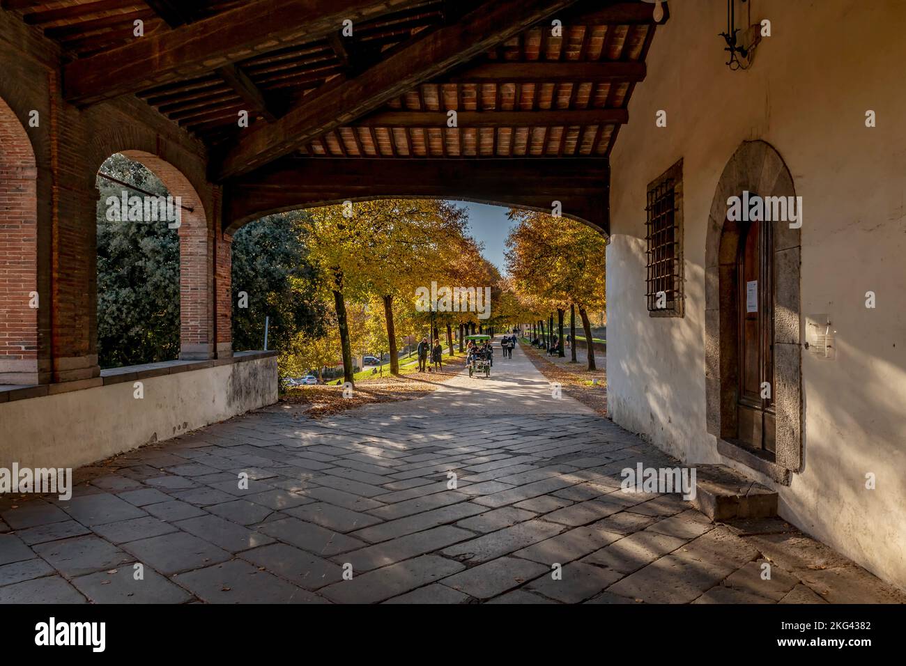 The street of the ancient city walls of Lucca, Italy, at the Santa ...