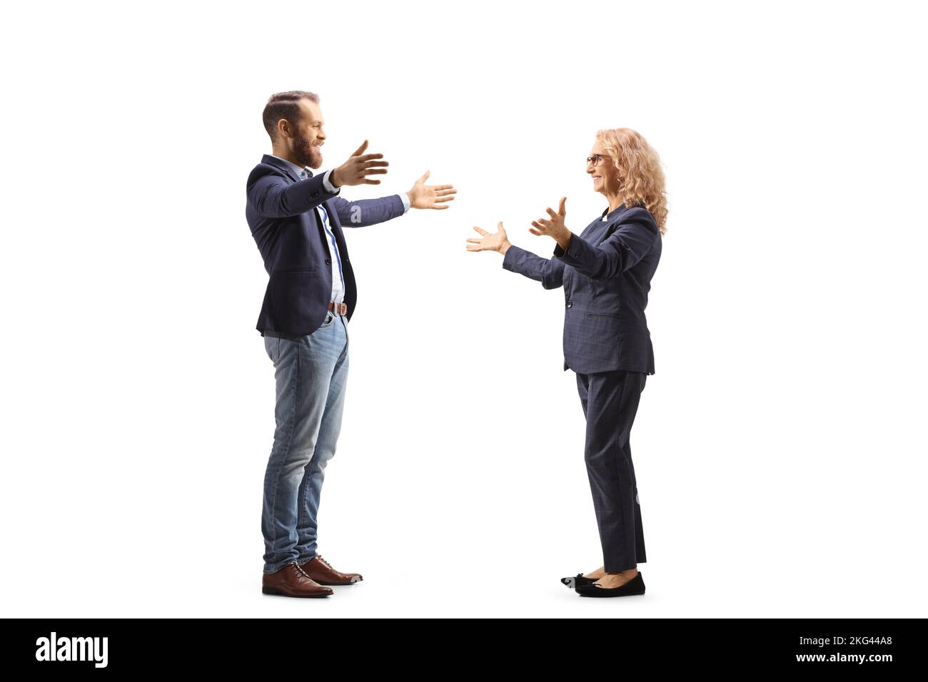 Full length profile shot of a man waiting to hug a woman with arms wide ...