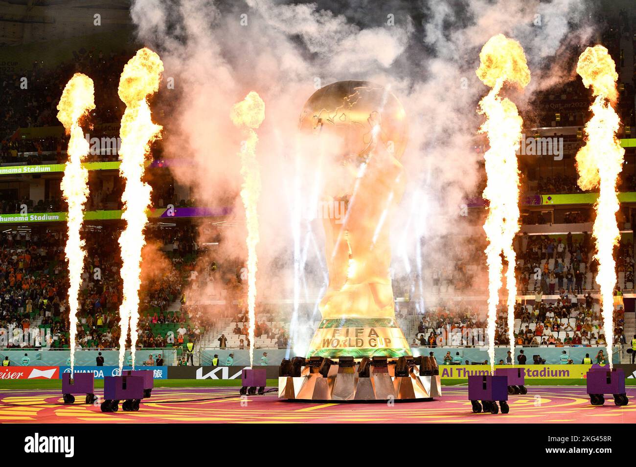 DOHA, QATAR - NOVEMBER 21: A giant replica of the FIFA World Cup trophy ...