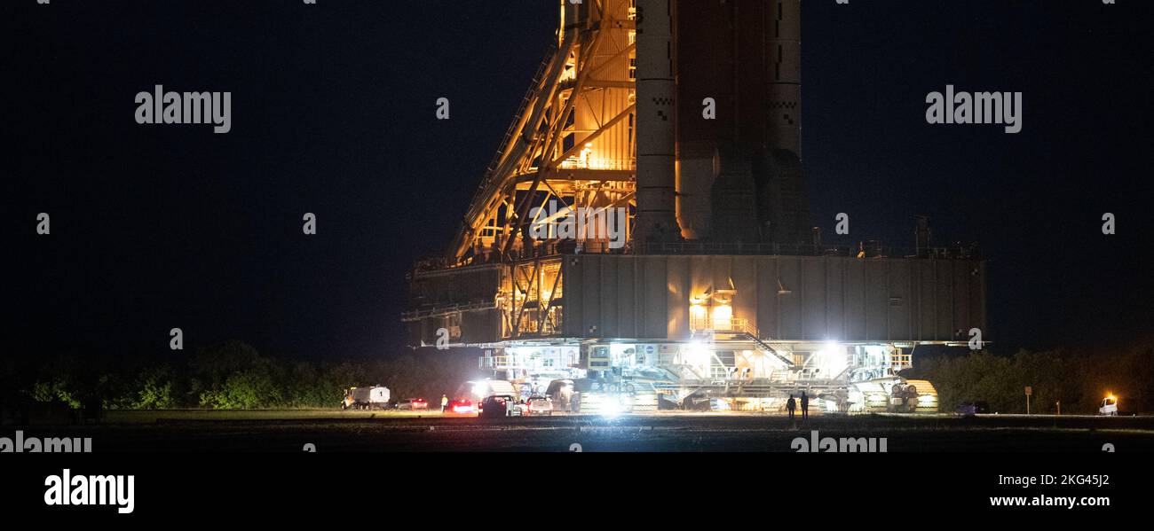 Artemis I Rollout. Crawler Transporter-2 (CT-2) is seen as it rolls ...