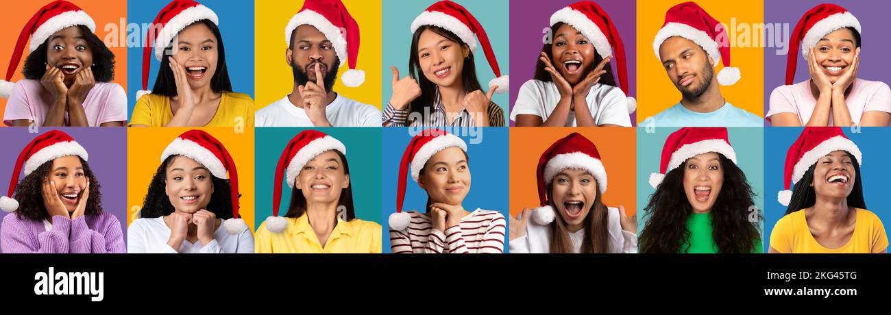 Xmas Banner. Diverse Multiethnic People Wearing Santa Hats Standing On ...