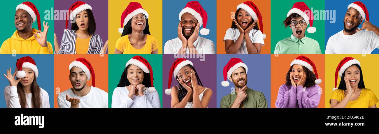 Multiethnic Men And Woman Wearing Santa Hats Having Fun Over Colorful ...