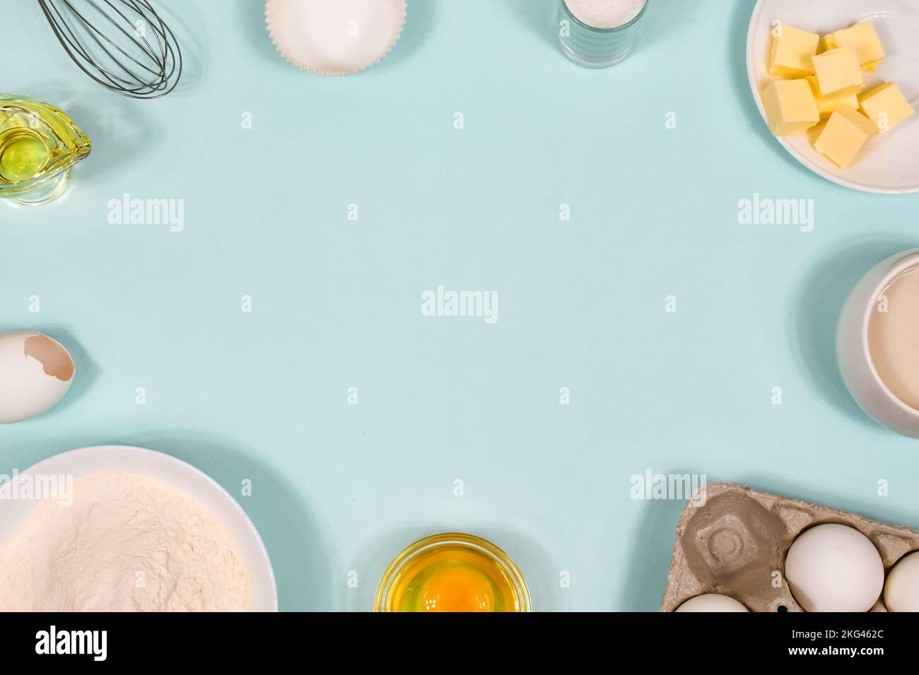 Ingredients for cookies - flour, sugar, egg, butter. Background with ...