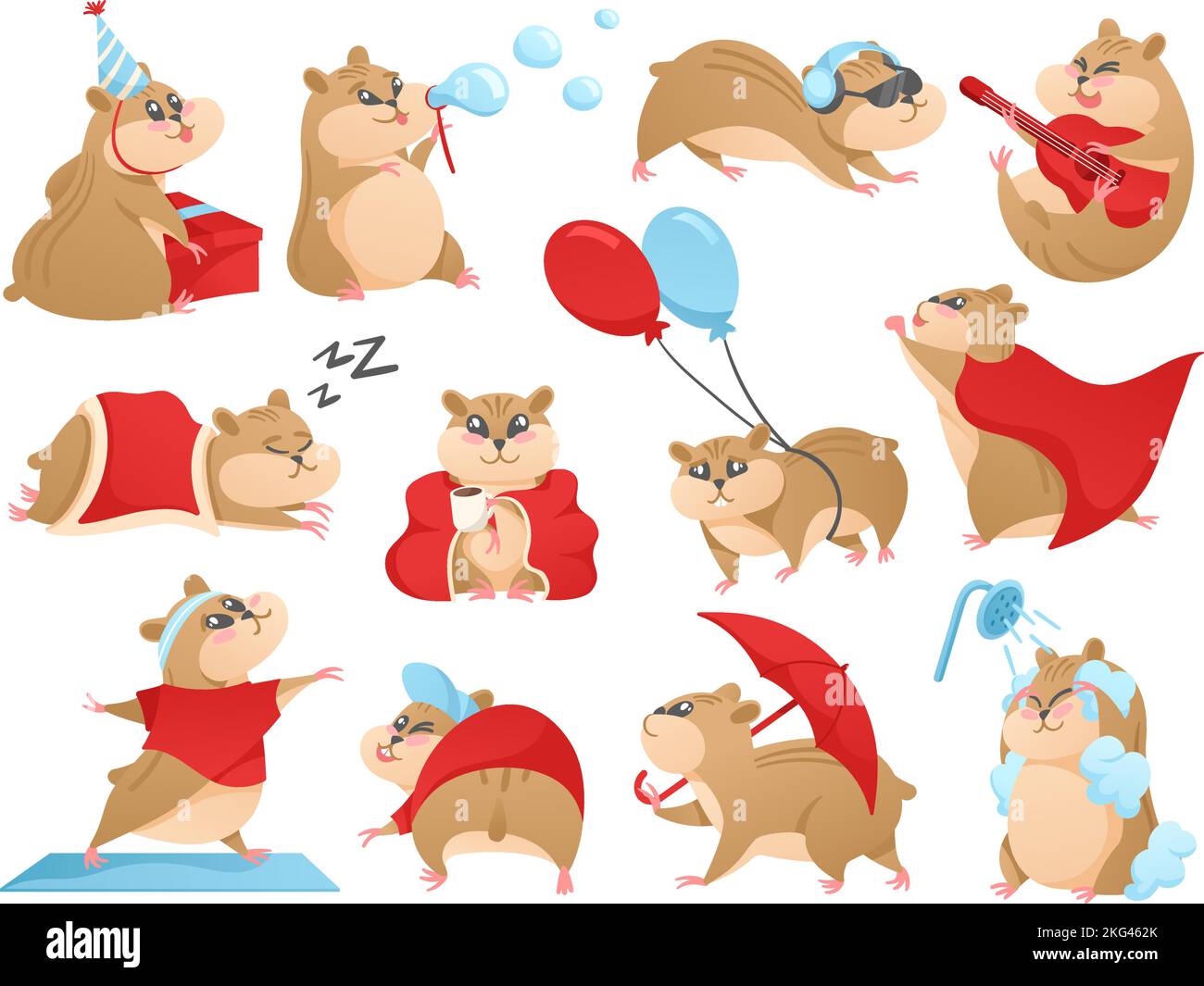 Cartoon hamster character. Cute pet mascot play guitar, sleep and do ...