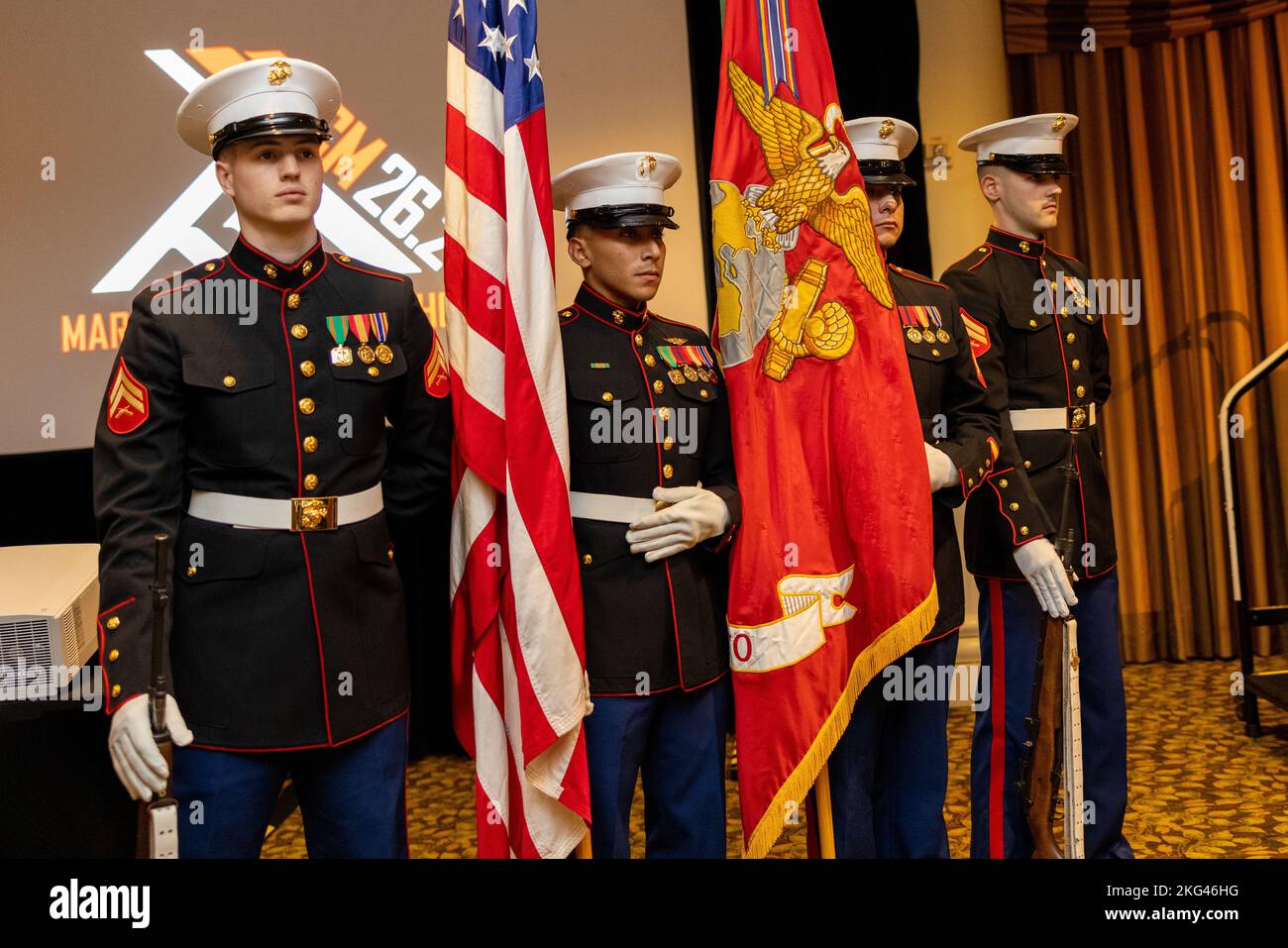 U.S. Marines with the Marine Corps Base Quantico color guard prepares ...