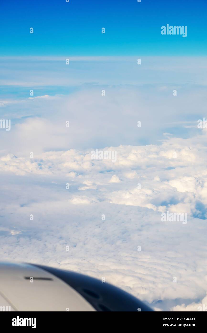 View from Boeing 737 MAX 8 on White Air Clouds And Clear Blue Sky. In ...