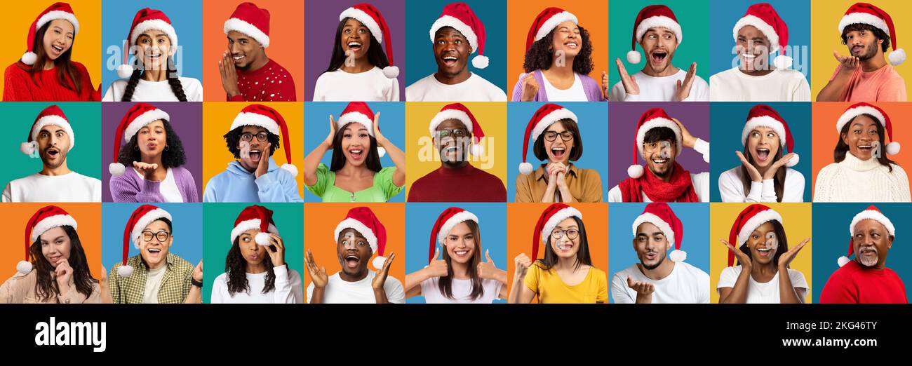 Xmas Excitement. Portraits Of Happy Surprised Multiethnic People In ...