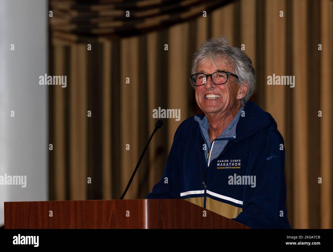 Frank Shorter, Olympic gold medalist, gives his remarks during the 47th ...