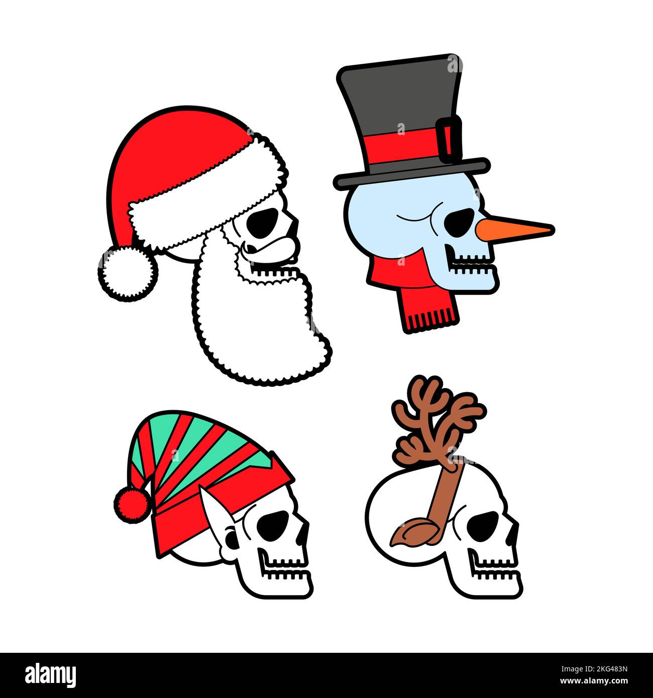 Christmas skulls set. Skeleton head of Santa and his helpers. Christmas ...