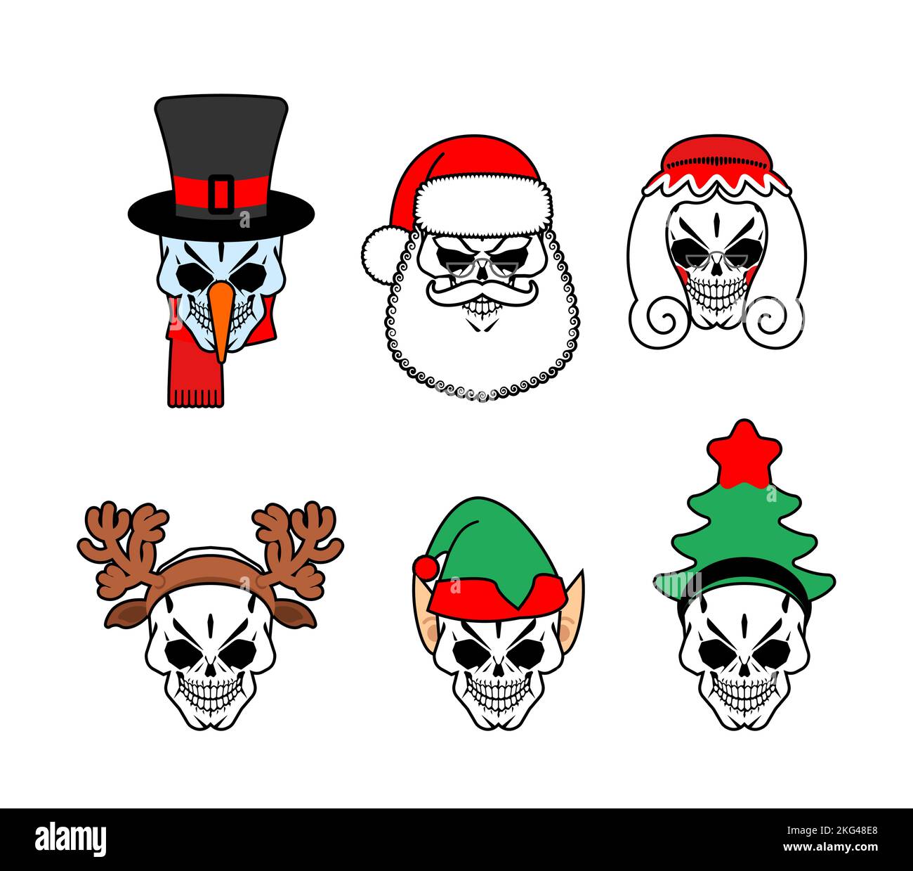 Christmas skulls set. Skeleton head of Santa and his helpers. Christmas ...