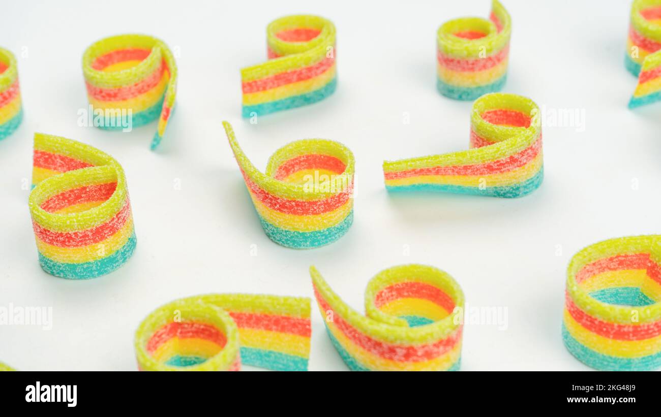 Assorted colorful gummy candies. Top view. Jelly donuts. Jelly bears ...