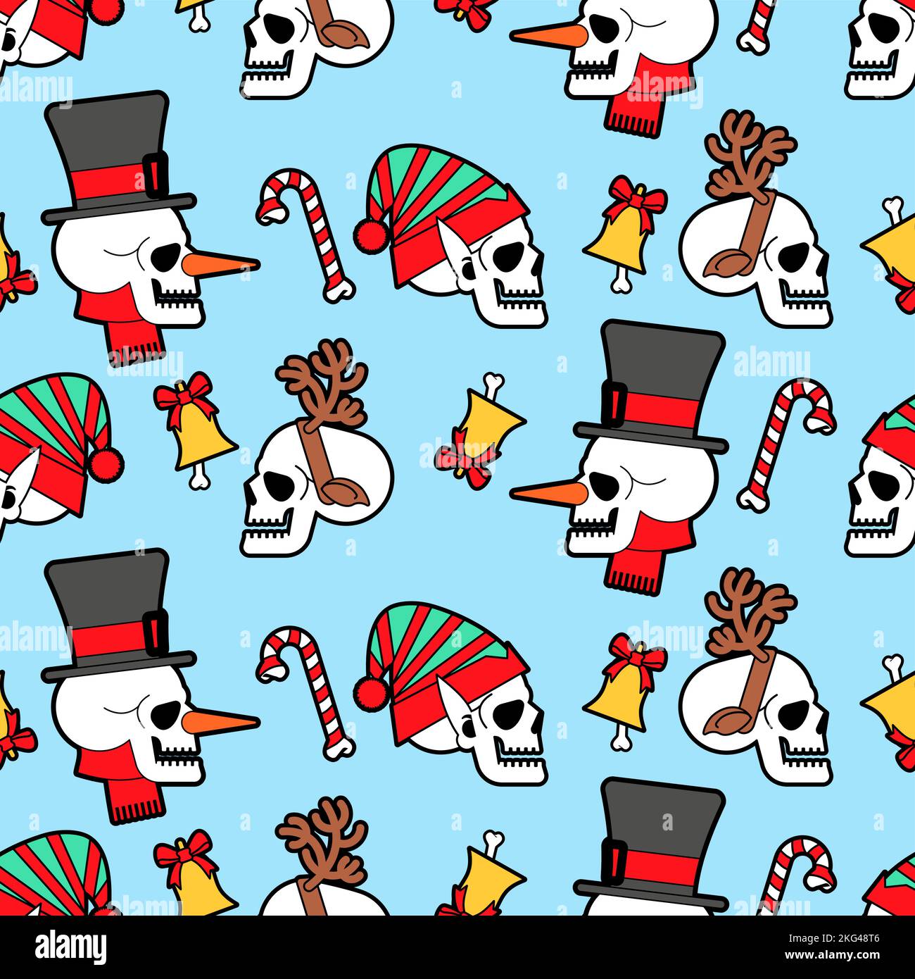 Christmas skulls pattern seamless. Skeleton head of Santa and his ...