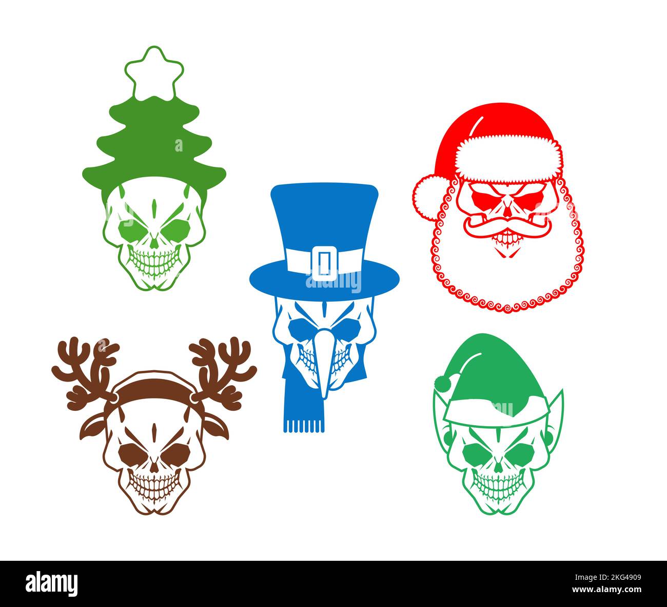Christmas skulls set. Skeleton head of Santa and his helpers. Christmas ...