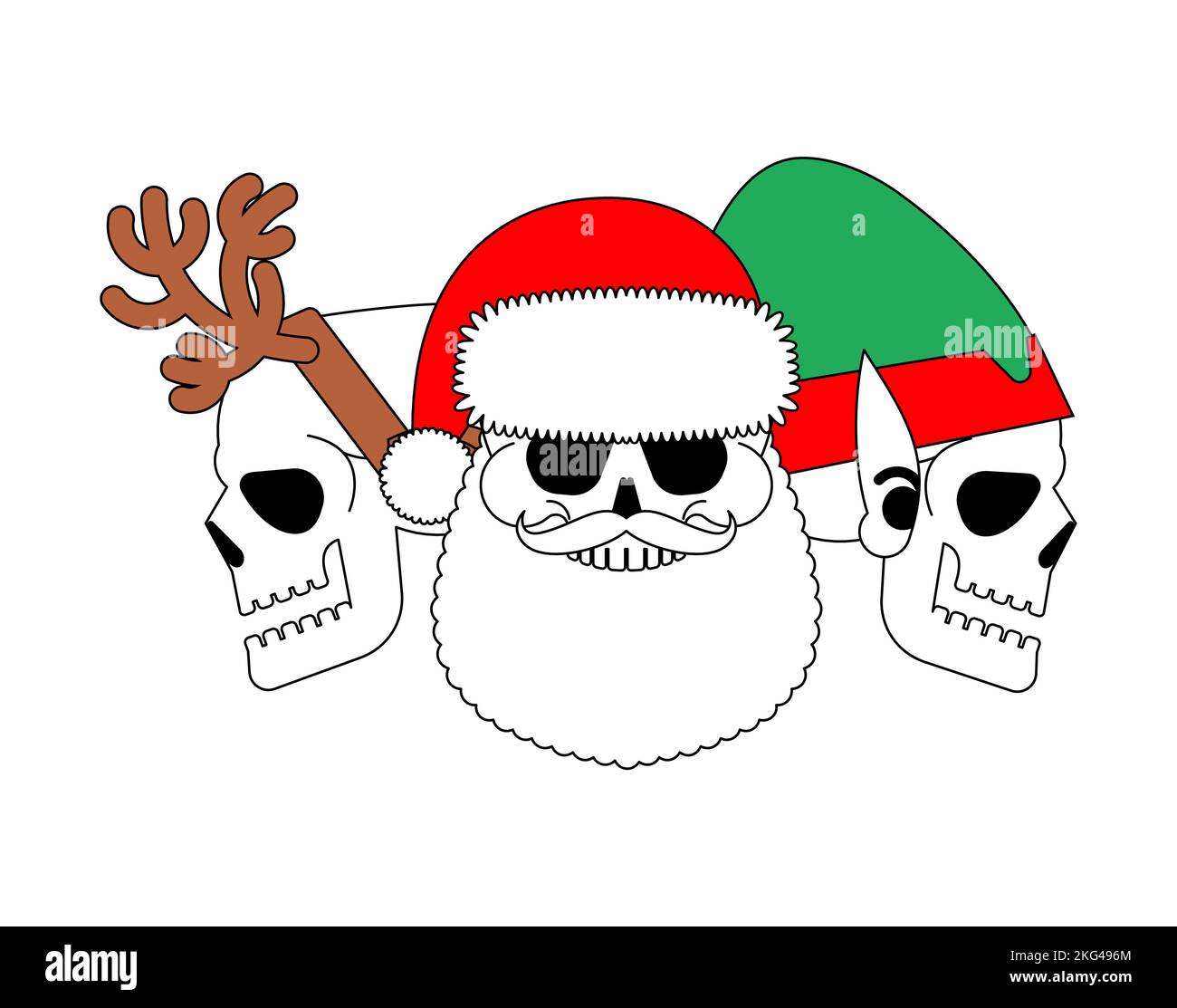 Christmas skulls set. Skeleton head of Santa and his helpers. Christmas ...