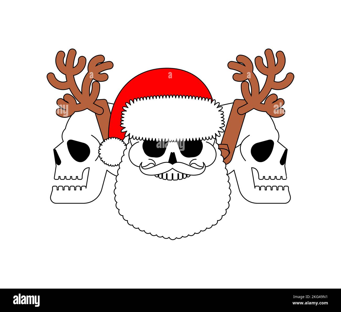 Christmas skulls set. Skeleton head of Santa and his helpers. Christmas ...