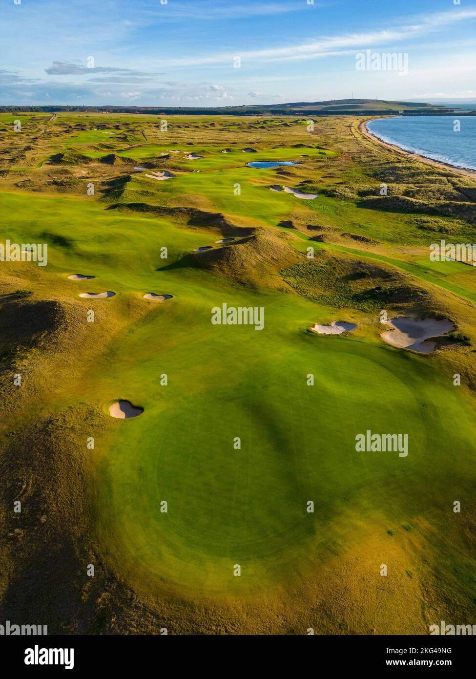 Aerial view from drone of Dumbarnie Links golf course in Fife, Scotland ...