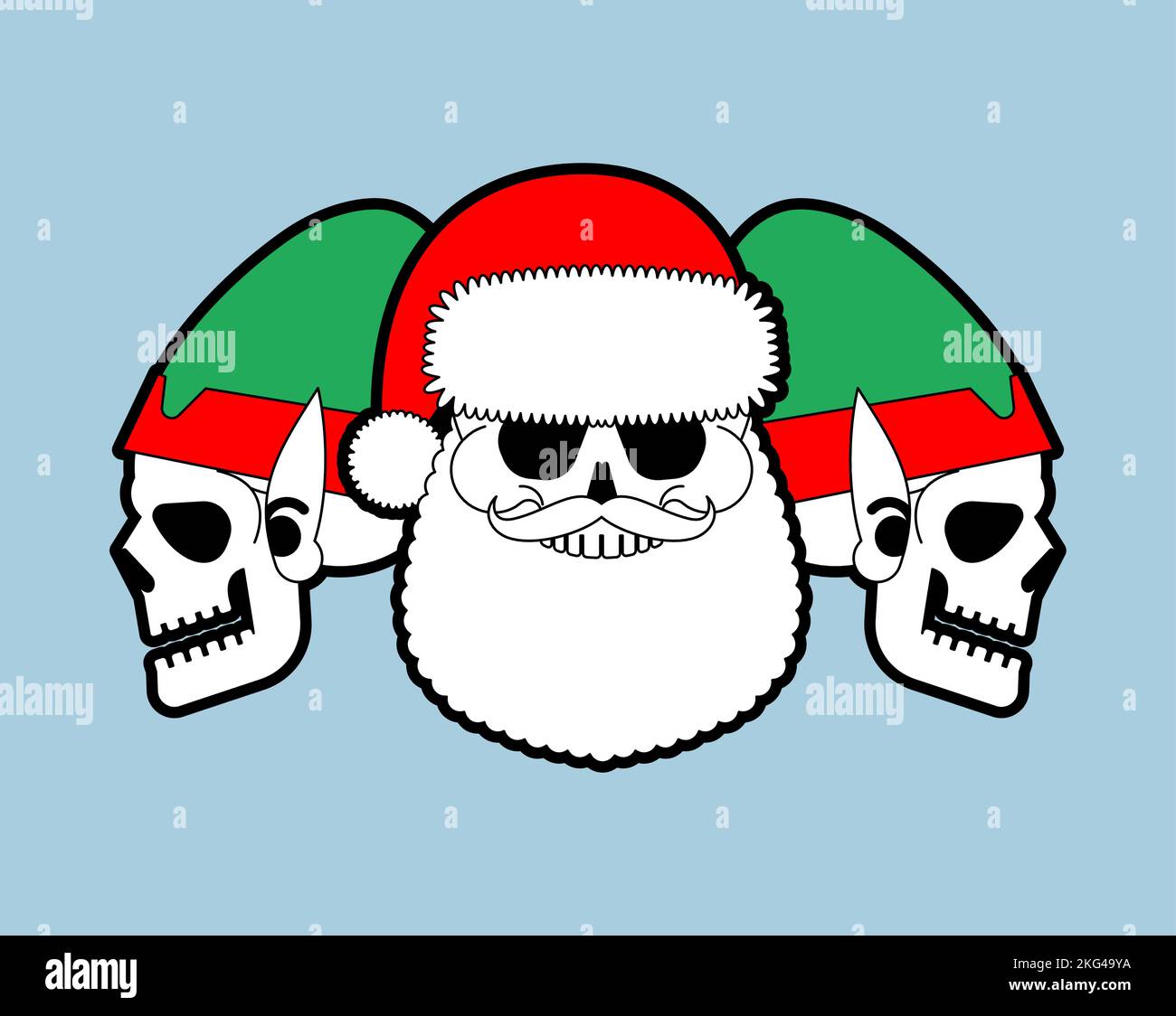 Christmas skulls set. Skeleton head of Santa and his helpers. Christmas ...