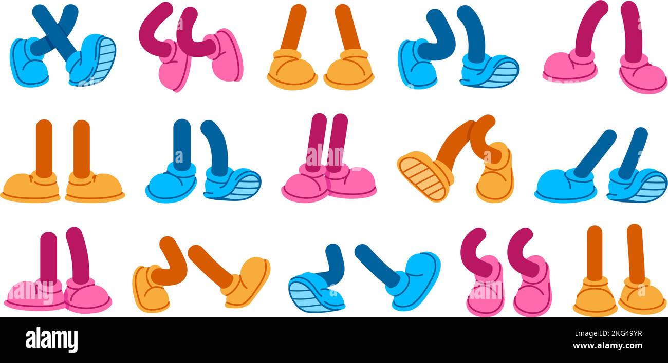 Cartoon legs. Standing and walking foots, comic leg pairs with shoes ...