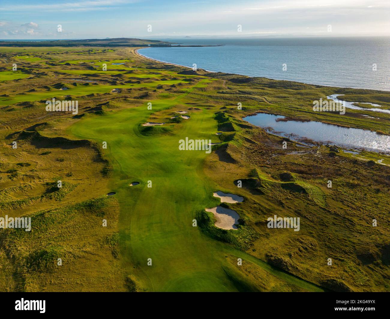 Aerial view from drone of Dumbarnie Links golf course in Fife, Scotland ...