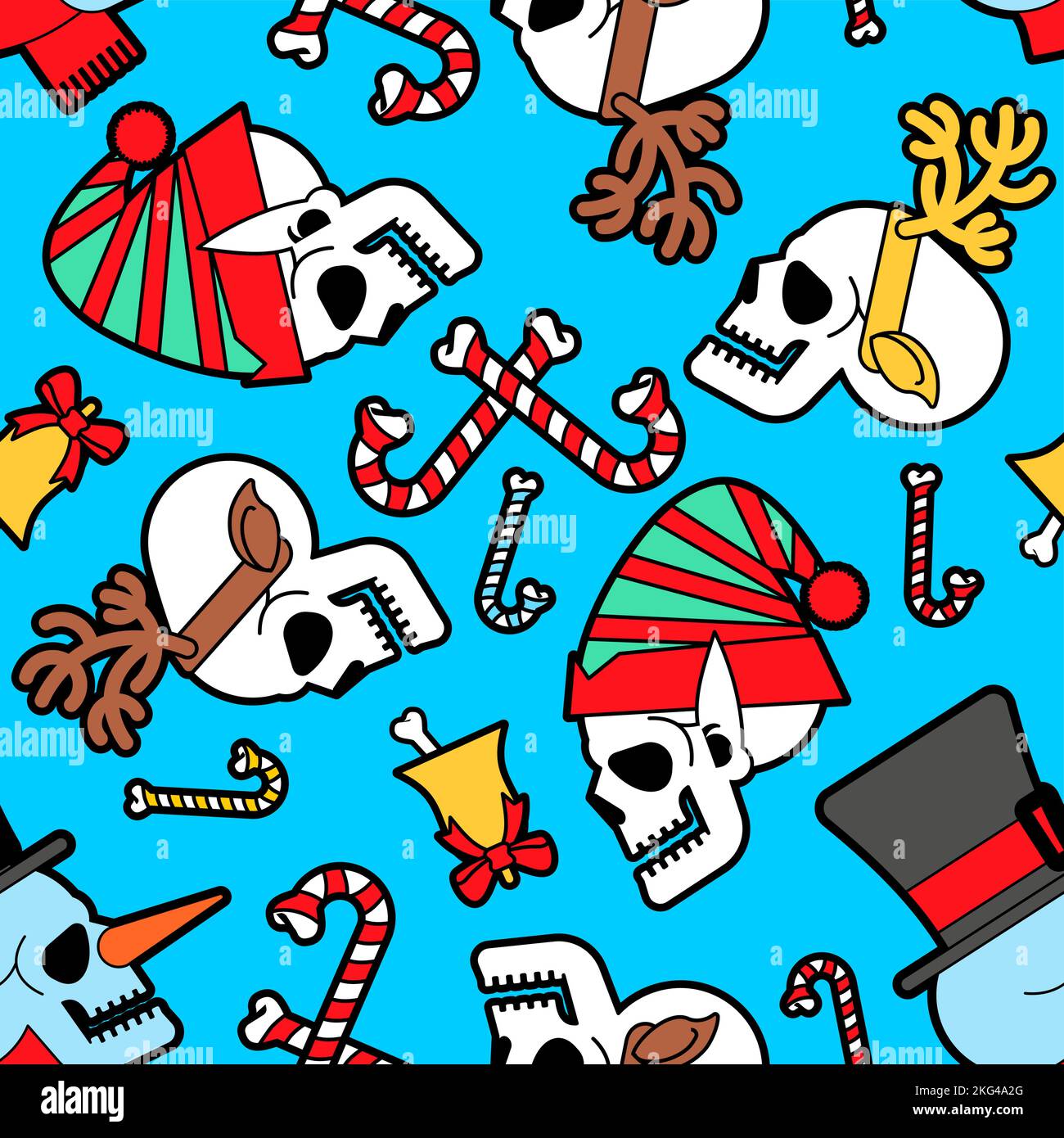 Christmas skulls pattern seamless. Skeleton head of Santa and his ...